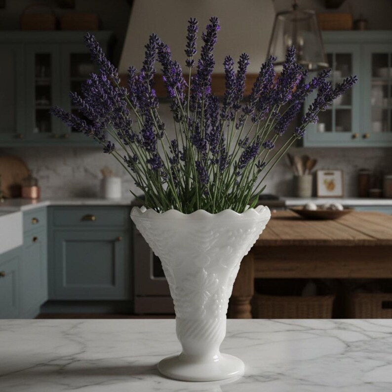1960 Anchor Hocking Milk Glass Flared Vase - Embossed Grapes & Leaves ...
