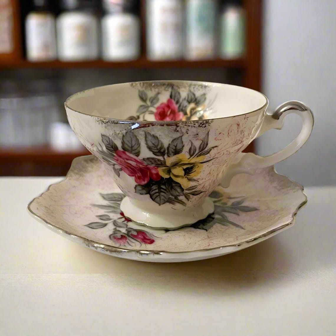 Vintage Marco Tea Set Bone China | Rose Pattern & Sliver Trim - Etsy