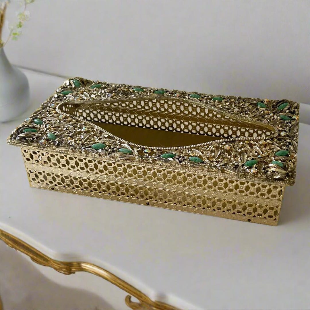 Vintage 1960s Gold Tone Tissue Box | Green & Aurora Borealis Gemstone ...