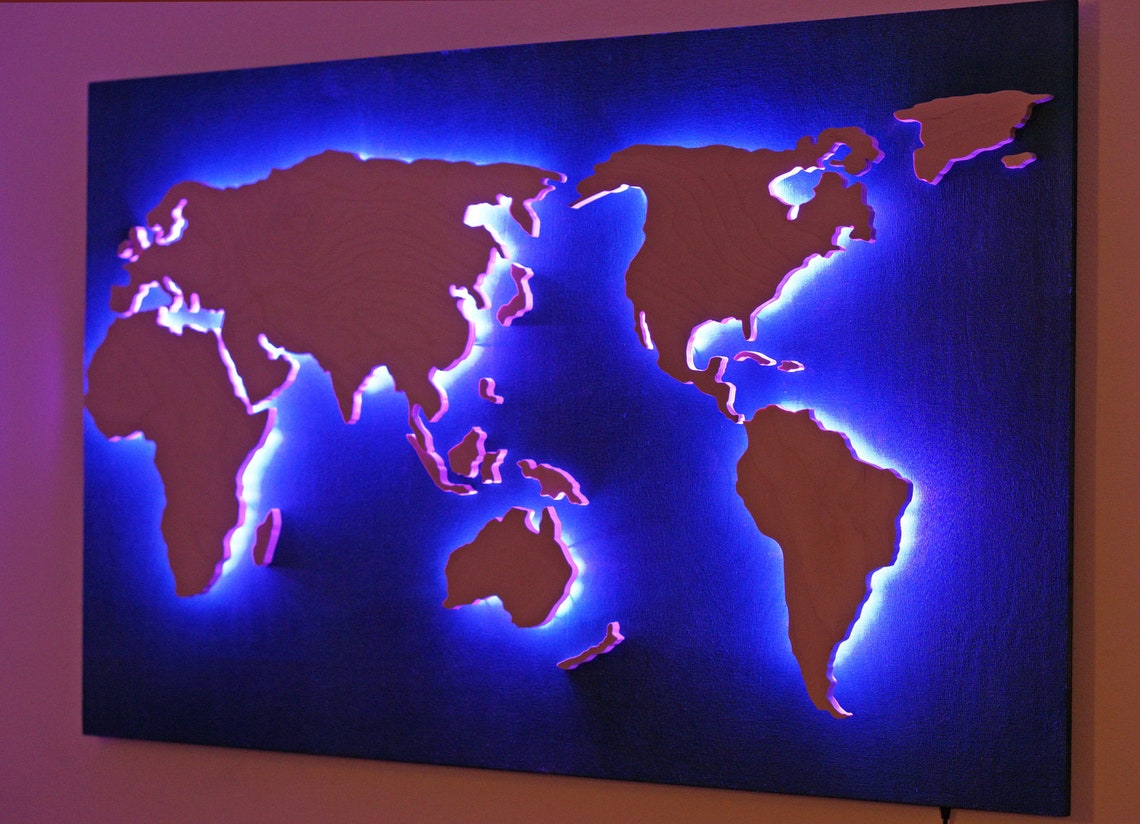 Wooden World Map for Home Decor Glowing RGB Map With Ambient - Etsy