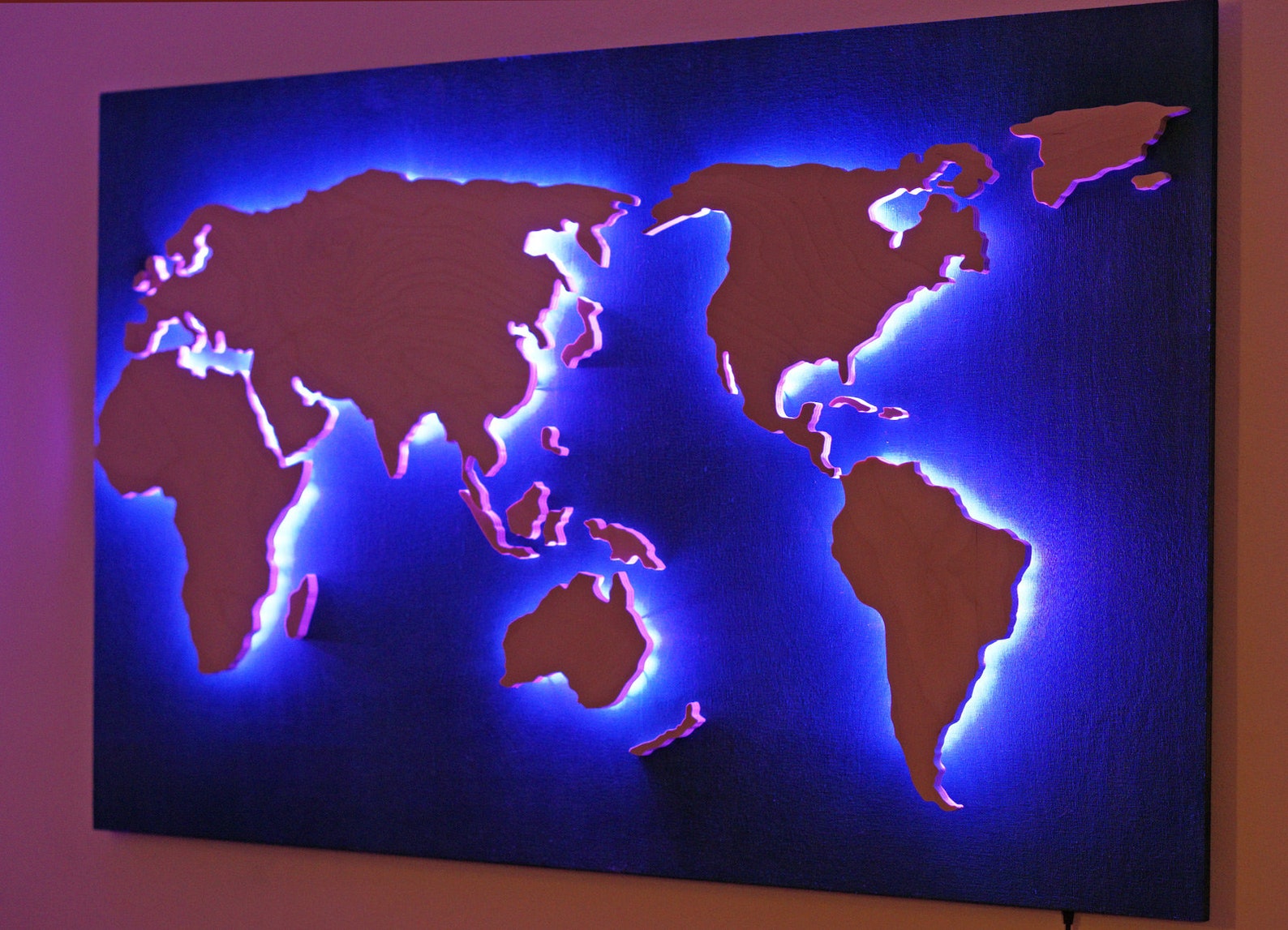 Wooden World Map for Home Decor Glowing RGB Map With Ambient | Etsy