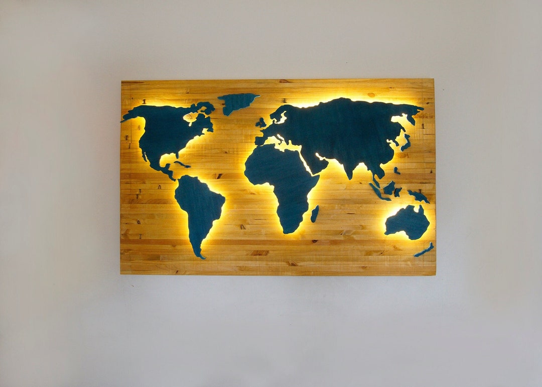 Wooden World Map With LED Lights Wall Hanging Home Decor Eco Friendly ...