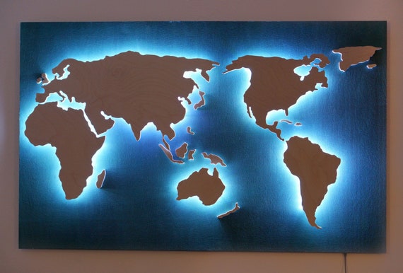 Wooden World Map for Home Decor Glowing RGB Map With Ambient | Etsy