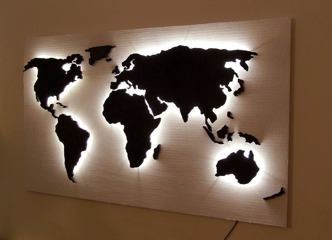 Wooden World Map Black on White Wooden LED Map for Wall Hanging and ...