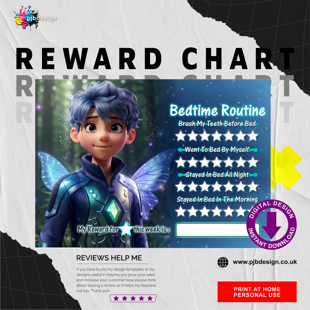 Bedtime Reward Chart Boy Fairy Design / Print at Home / Space for Name ...