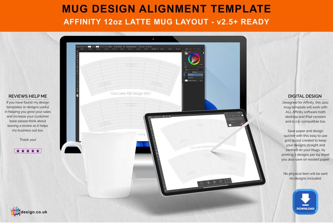 Affinity 12oz Latte Mug Design Template: Alignment Grid (digital ...