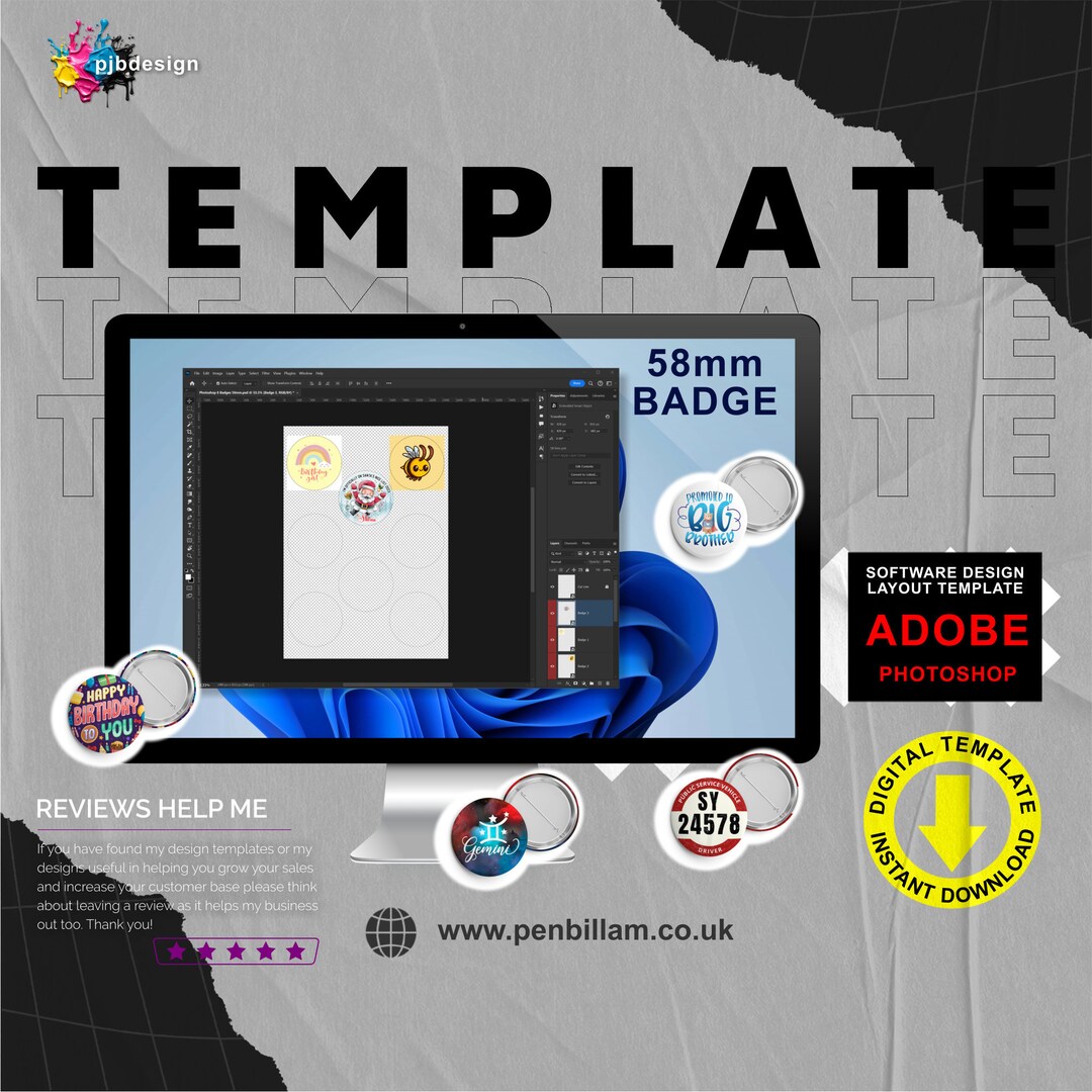 Photoshop 58mm Button Pin Badge Design & Layout Template Photoshop ...