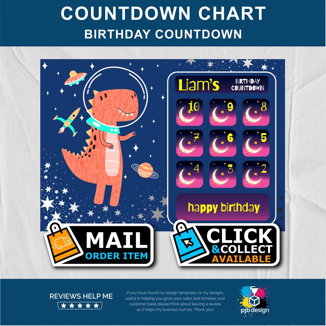 Personalized Birthday Countdown Chart: Dinosaur Space Theme With Gold ...