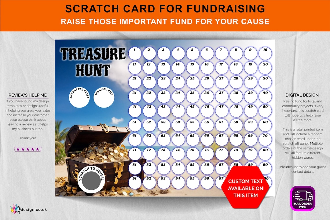 Treasure Hunt Scratch Card for School / Pub Fund Raising / Lucky Number ...