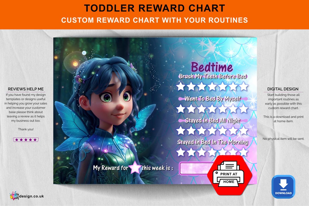 Bedtime Reward Chart Girl Fairy Design / Print at Home / Space for Name ...