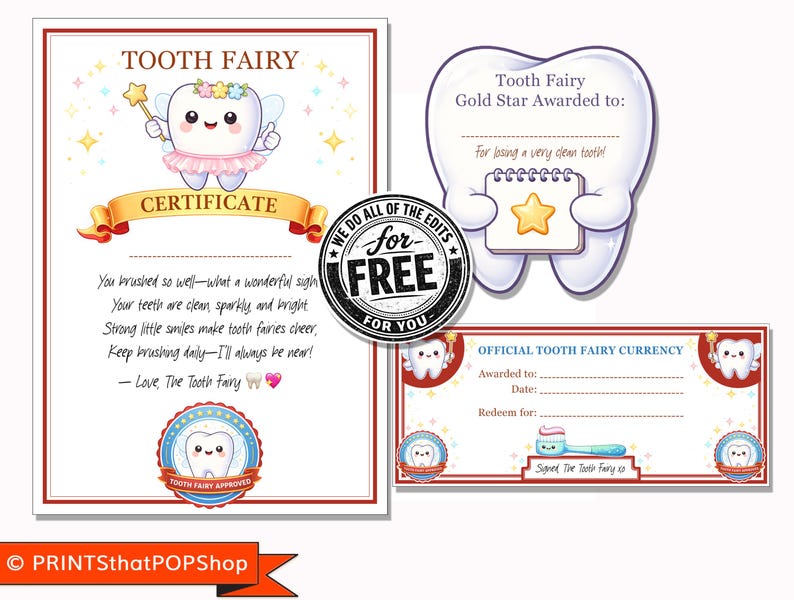 Personalized Tooth Fairy Certificate Set (instant Download, Free Edits ...