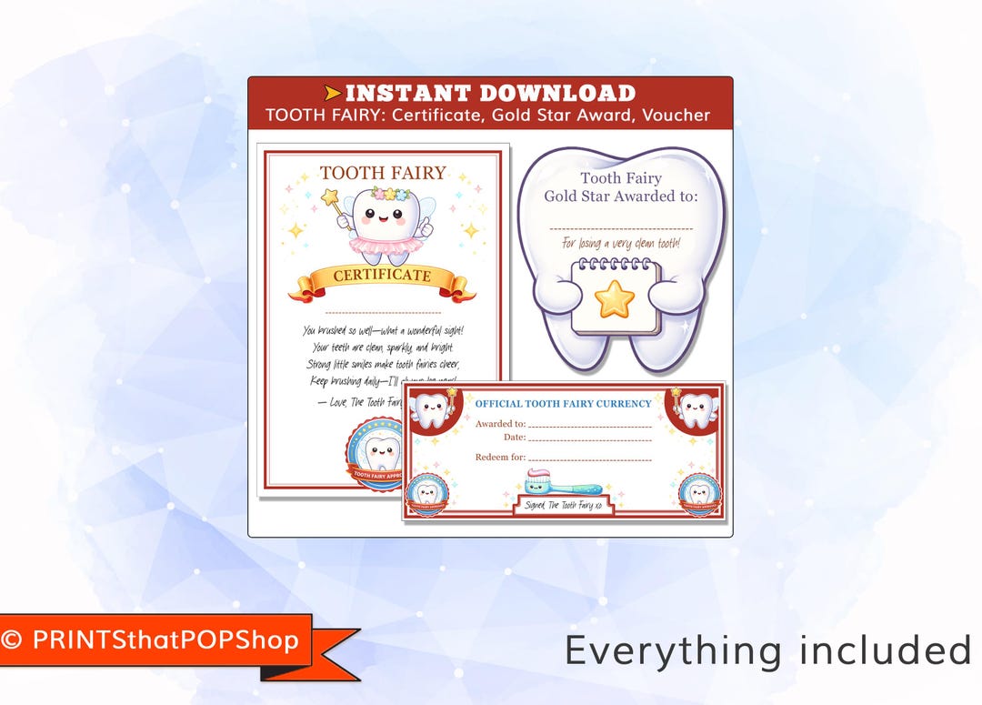 Personalized Tooth Fairy Certificate Set (instant Download, Free Edits ...