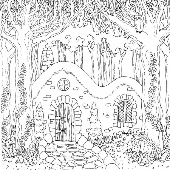 Coloring Book Page Woodland Cottage - Etsy