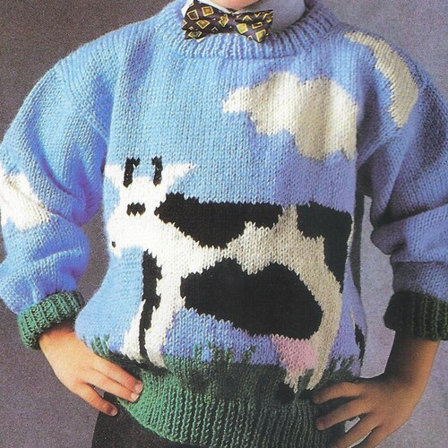 Moo Cow Sweater Knitting Pattern Child Sizes Pullover Jumper - Etsy