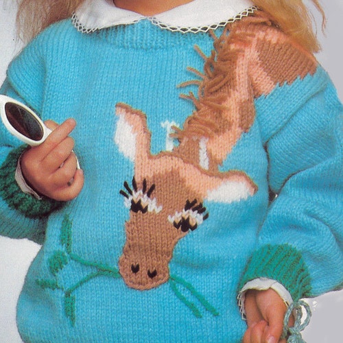 Kids Giraffe Pullover Sweater Knitting Pattern 1988 - Etsy