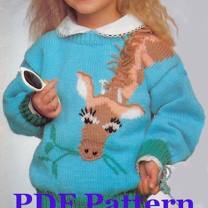 Kids Giraffe Pullover Sweater Knitting Pattern | 1988 Childrens Jumper ...