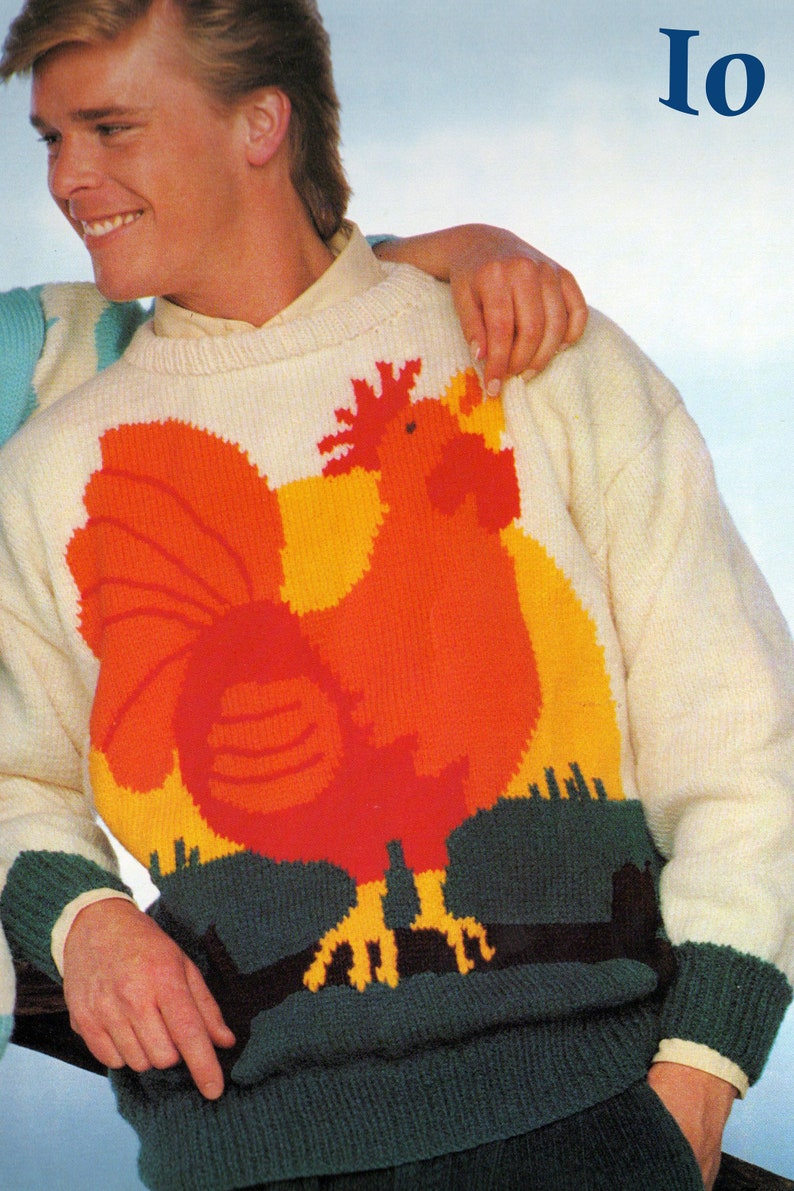 Rooster Sweater Knitting Pattern | Adult Sizes Pullover Jumper ...