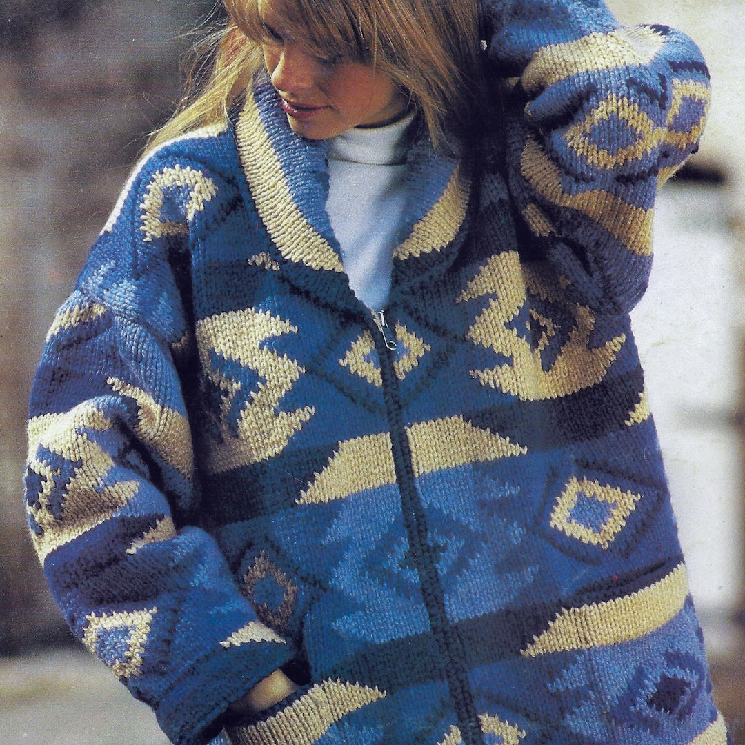 Navajo Jacket Knitting Pattern | Vintage 1990 Intarsia Colorwork ...