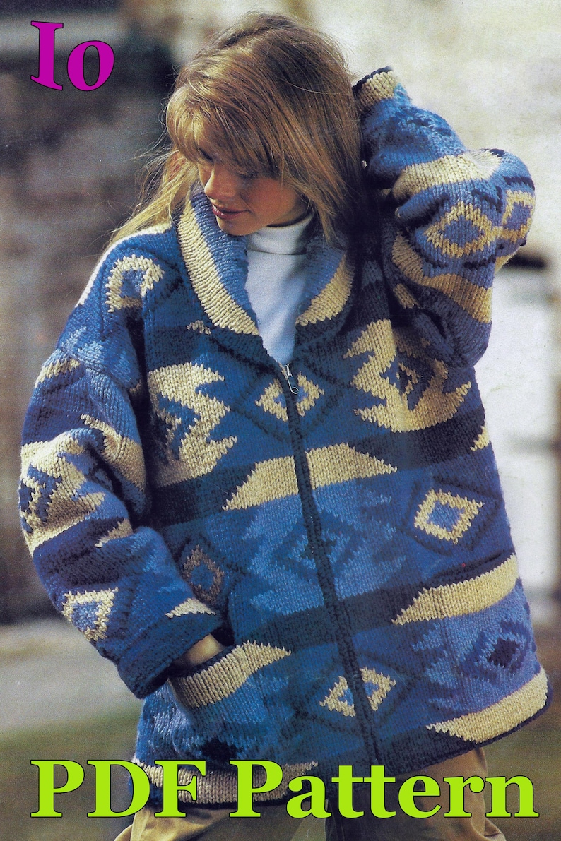 Navajo Jacket Knitting Pattern | Vintage 1990 Intarsia Colorwork ...