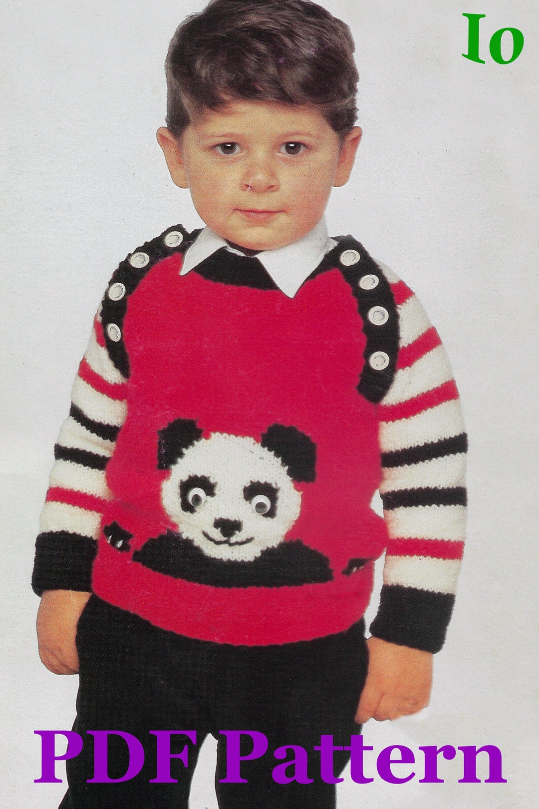 Childs Panda Sweater Knitting Pattern | Shoulder Fastening Striped ...