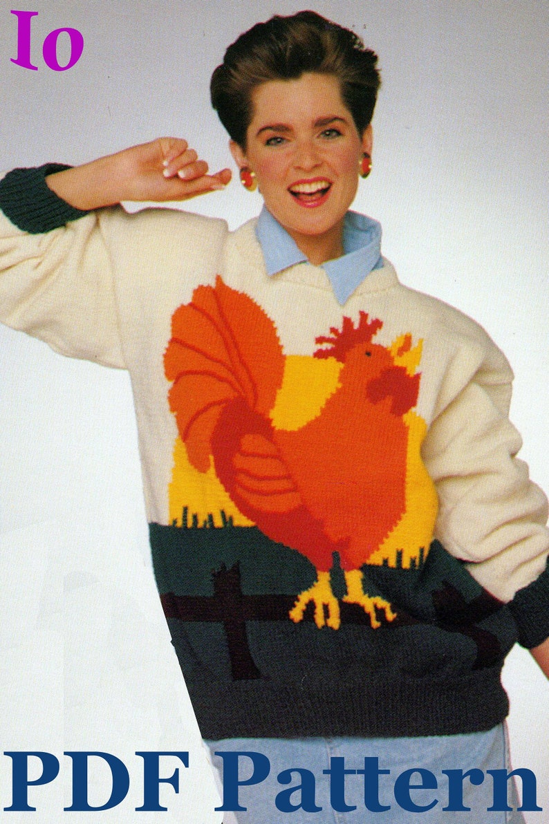 Rooster Sweater Knitting Pattern | Adult Sizes Pullover Jumper ...