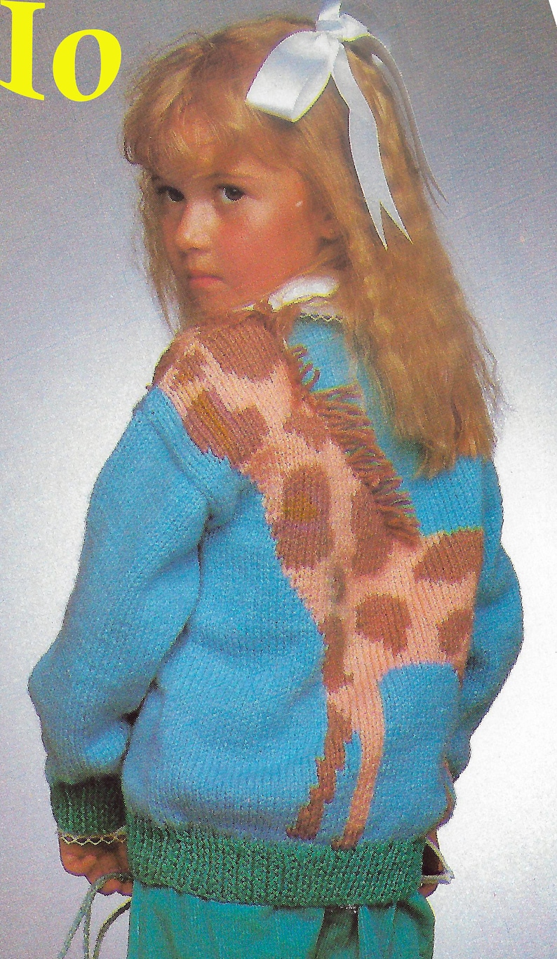 Kids Giraffe Pullover Sweater Knitting Pattern | 1988 Childrens Jumper ...