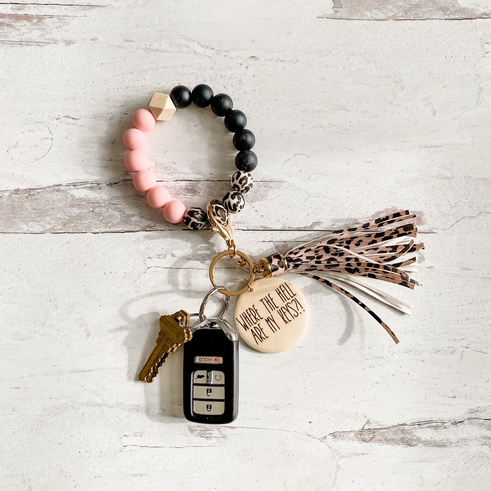 Silicone Bead Wristlet Keychain With Wood Pendant Laser - Etsy