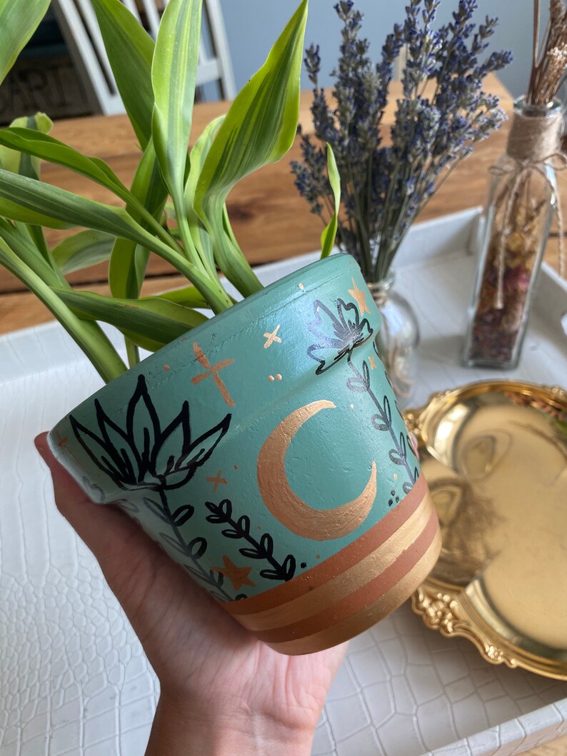 Moon Flower Painted Pot Metallic Gold Crescent Moon - Etsy