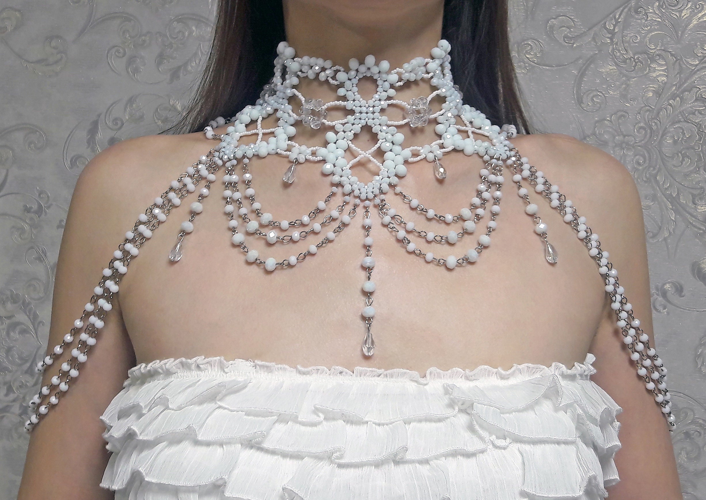 White Necklace Shoulder Necklace Wedding Couture Choker | Etsy