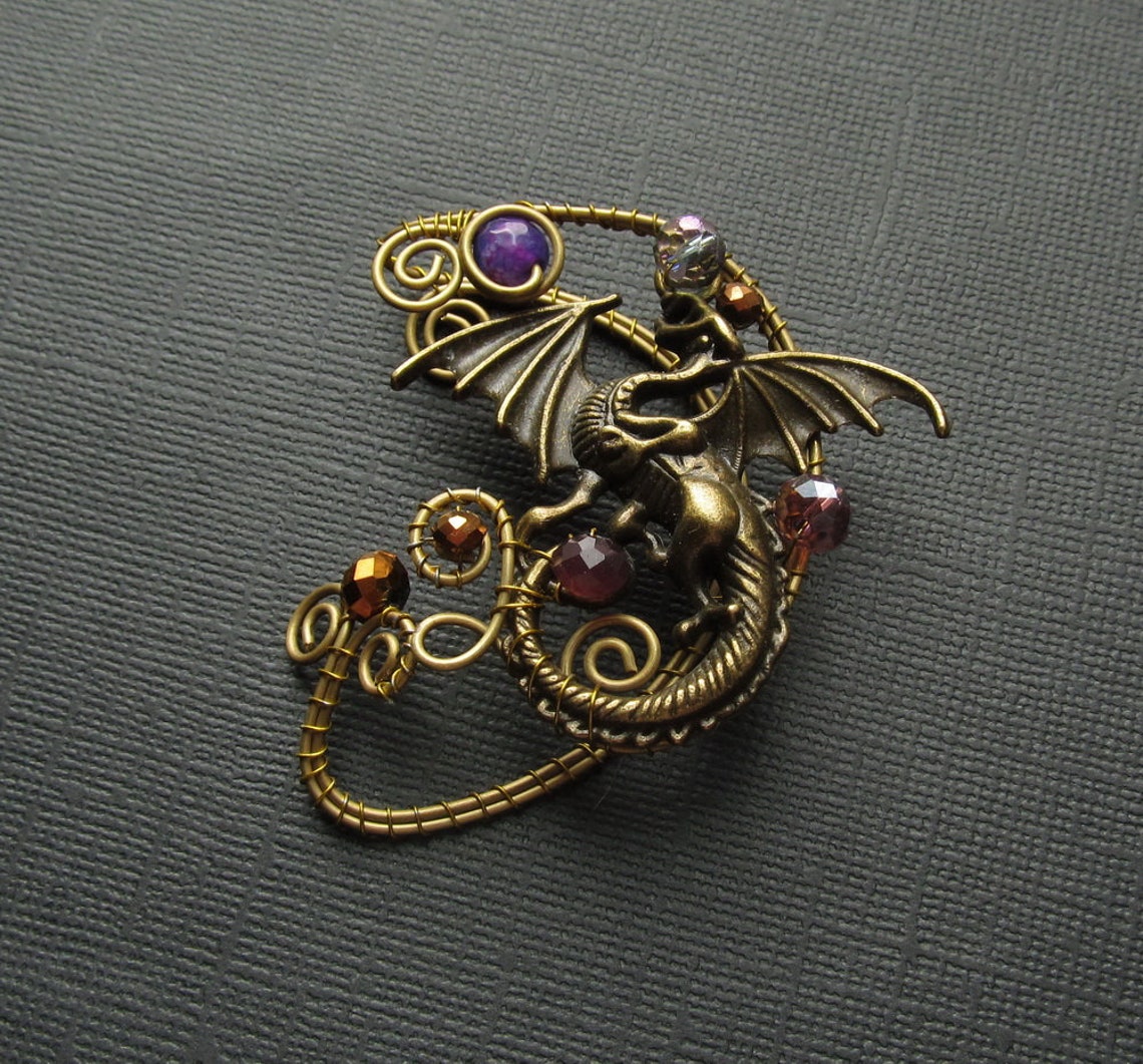 Brass Wire Dragon Ear Cuff, Agate and Crystal Beads, No Piercing - Etsy