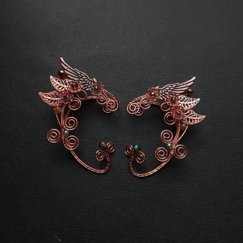 Winged Elf Ear Cuffs, Rose Gold Copper Wire, Non Piercing - Etsy