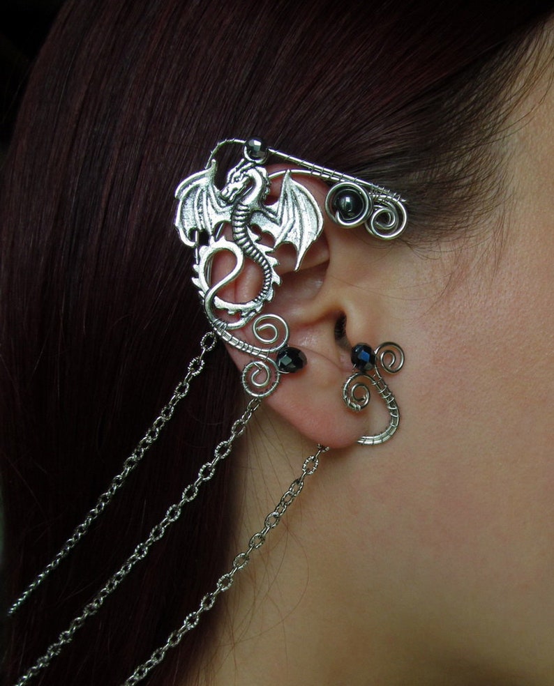 Dragon Elf Ear Cuffs, Silver Wire Wrapped Chain Earrings, No Piercing ...