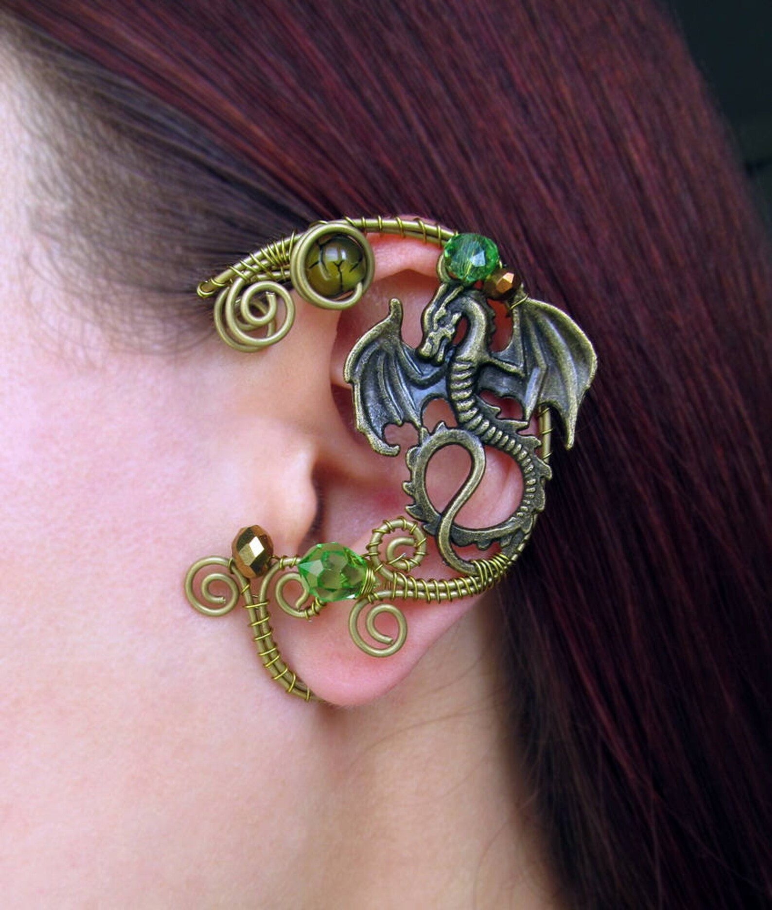 Brass Wire Wrapped Dragon Ear Cuff - Green Agate, No Piercing - Etsy