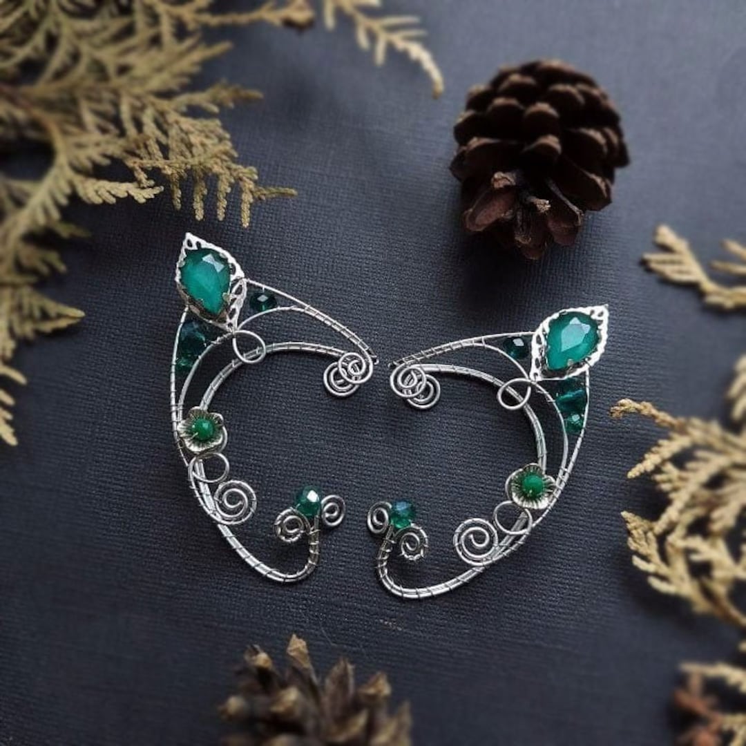 Elf Ears Green Ear Cuff Elf Ear Cuff Silver Ear Cuff Elf Cosplay Elven ...