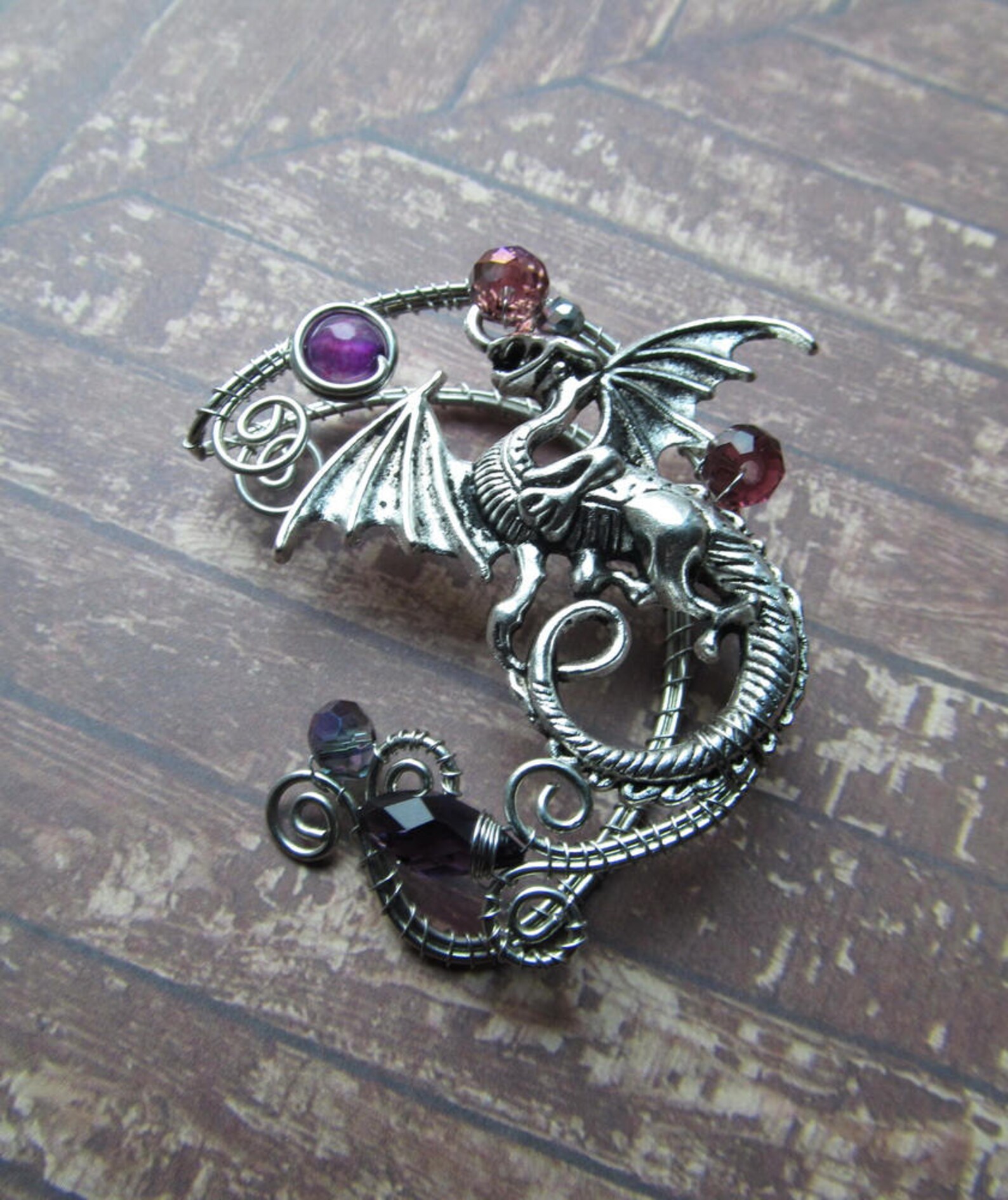 Silver Ear Cuff Dragon Purple Ear Cuff Wire Jewelry No Piercing Wing ...