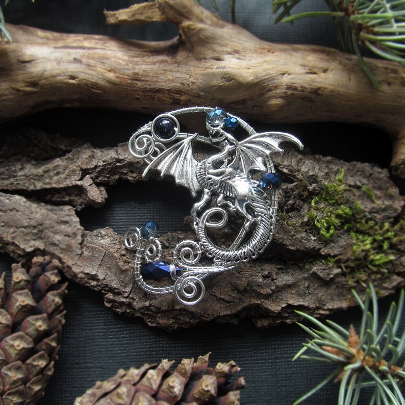 Silver Dragon Ear Cuff, Blue Crystal Wire Wrapped Ear Jewelry, No ...