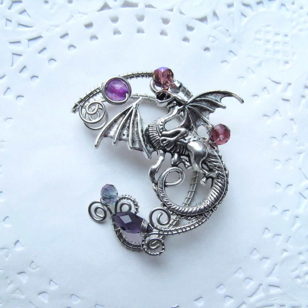 Silver Ear Cuff Dragon Purple Ear Cuff Wire Jewelry No Piercing Wing ...