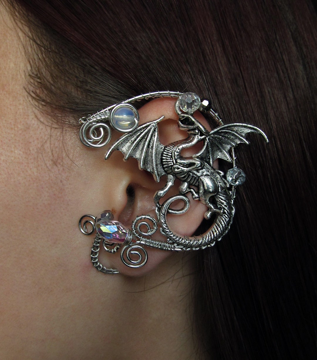 Silver Ear Cuff Dragon Moonstone Ear Cuff Wire Jewelry No Piercing Wing ...