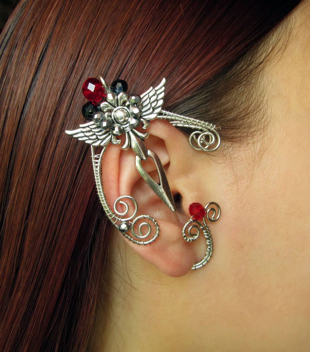 Red Ear Cuff Black Ear Cross Earrings Cuff Silver Ear Cuff Cross Ear ...