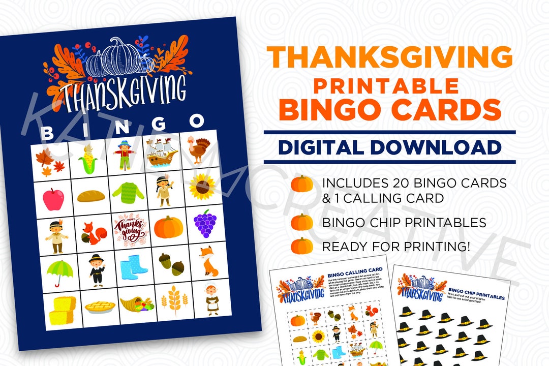 DIGITAL DOWNLOAD 20 Thanksgiving Printable Bingo Cards Includes Calling ...