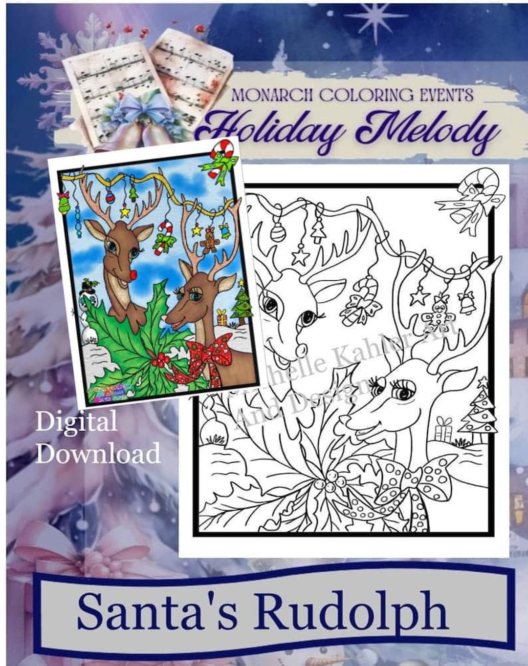 Holiday Melody Santa's Rudolph. Printable. Coloring Page. - Etsy