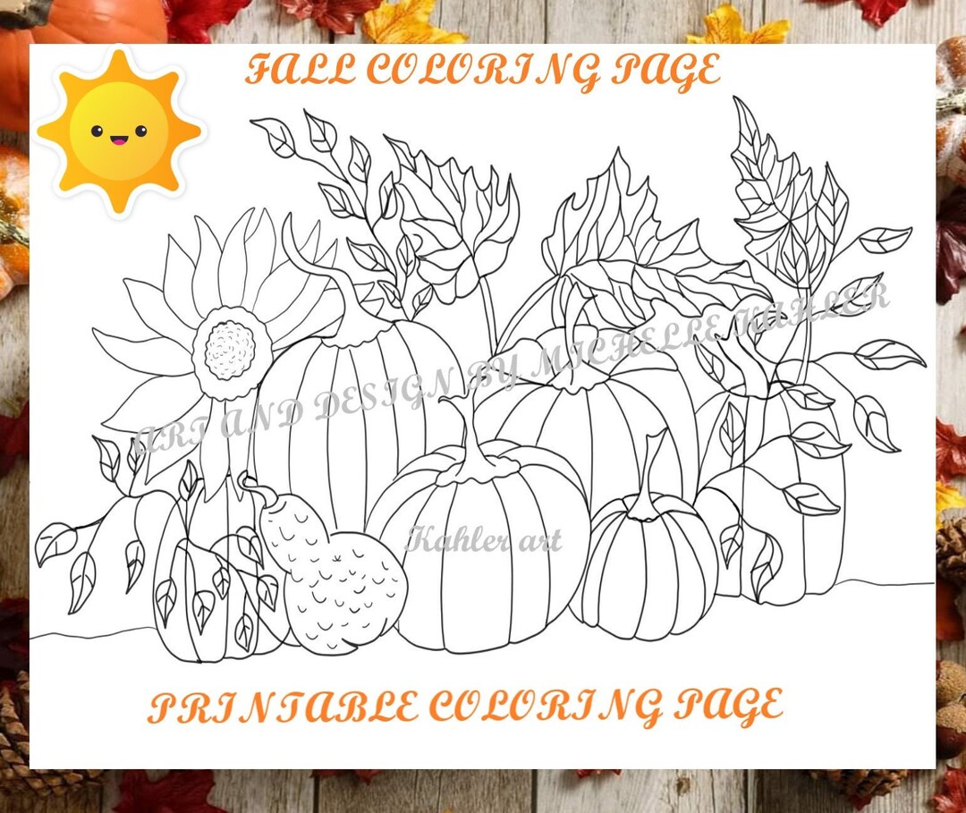 Pumpkin Coloring Page. Printable. Fall Coloring. Leaves and Sunflower ...