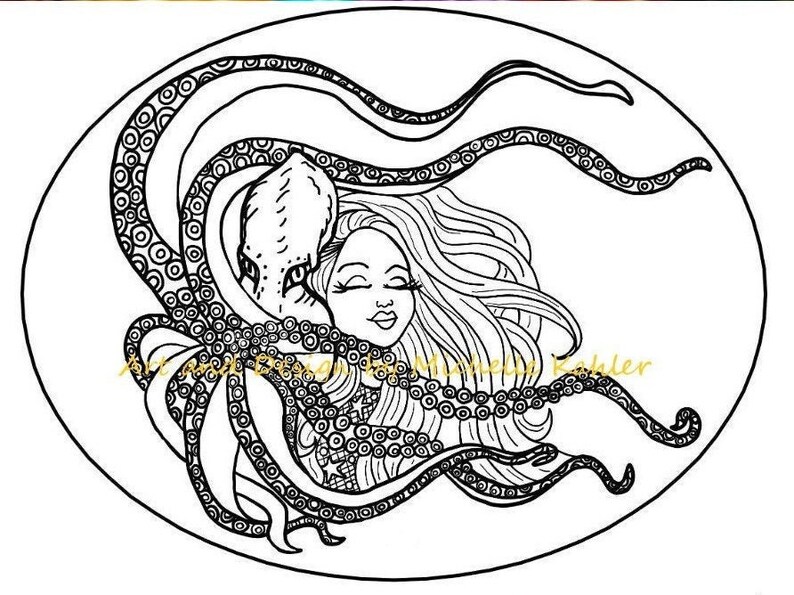 Octopus and Mermaid Coloring Page. Printable. Mermay Coloring. | Etsy