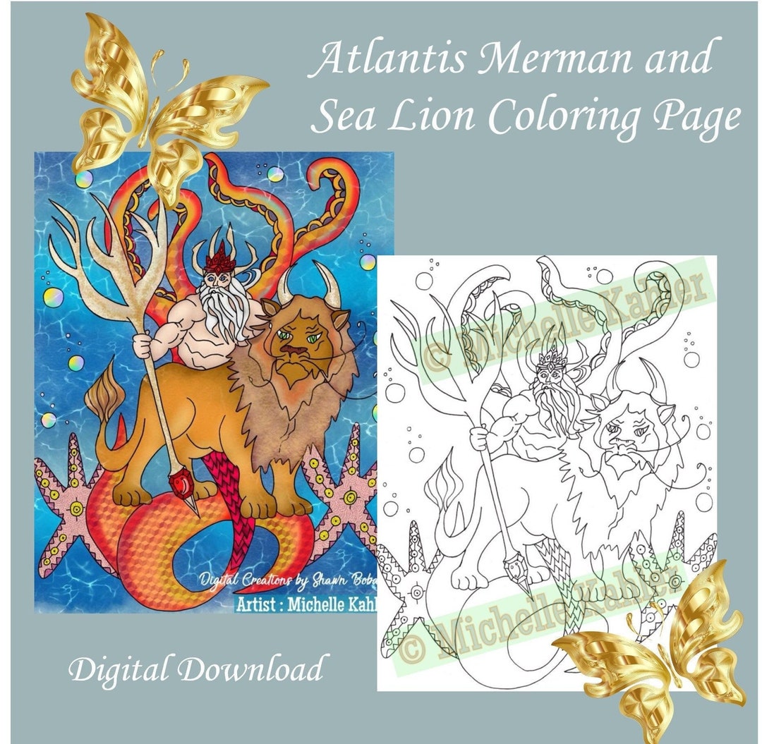 Atlantis Merman and Sea Lion Printable Coloring Page Mermaid Coloring ...