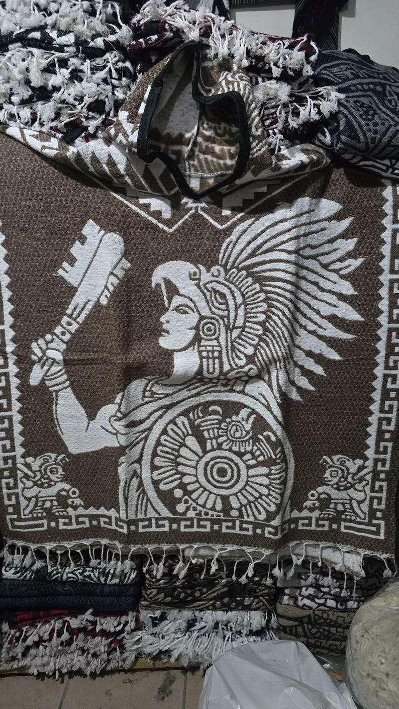 Mexican Hooded Poncho • Aztec Calendar Wool Blend Gaban - Etsy