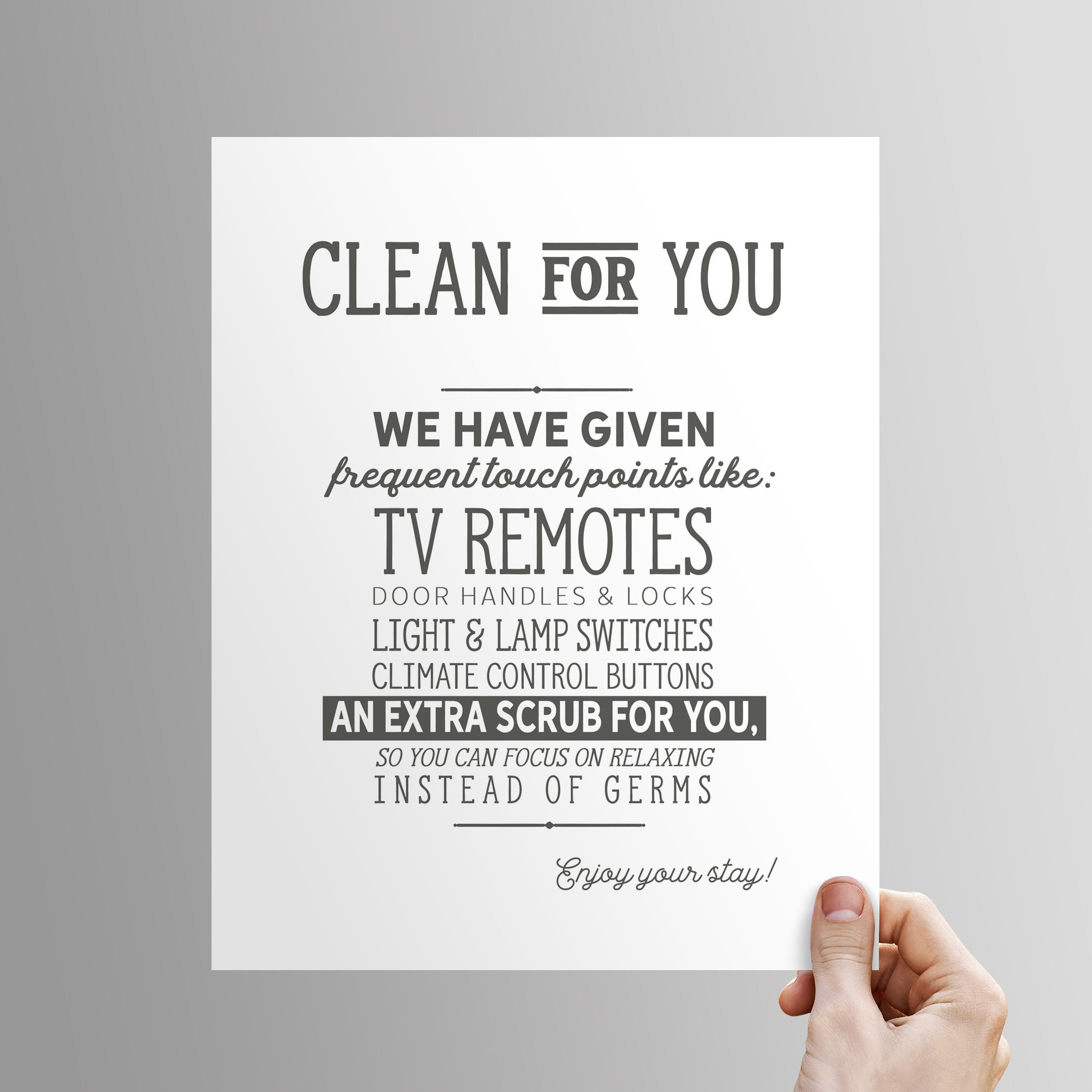 Clean for You - Hotel Motel Rental Vacation Home Sign- Unframed 8x10 ...