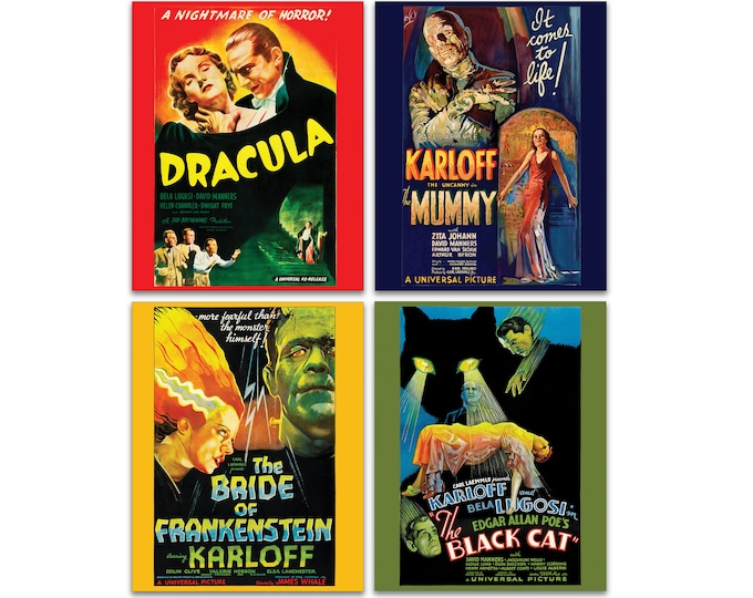 Vintage Classic Monster Movie Posters Halloween Art Prints Set of Four ...
