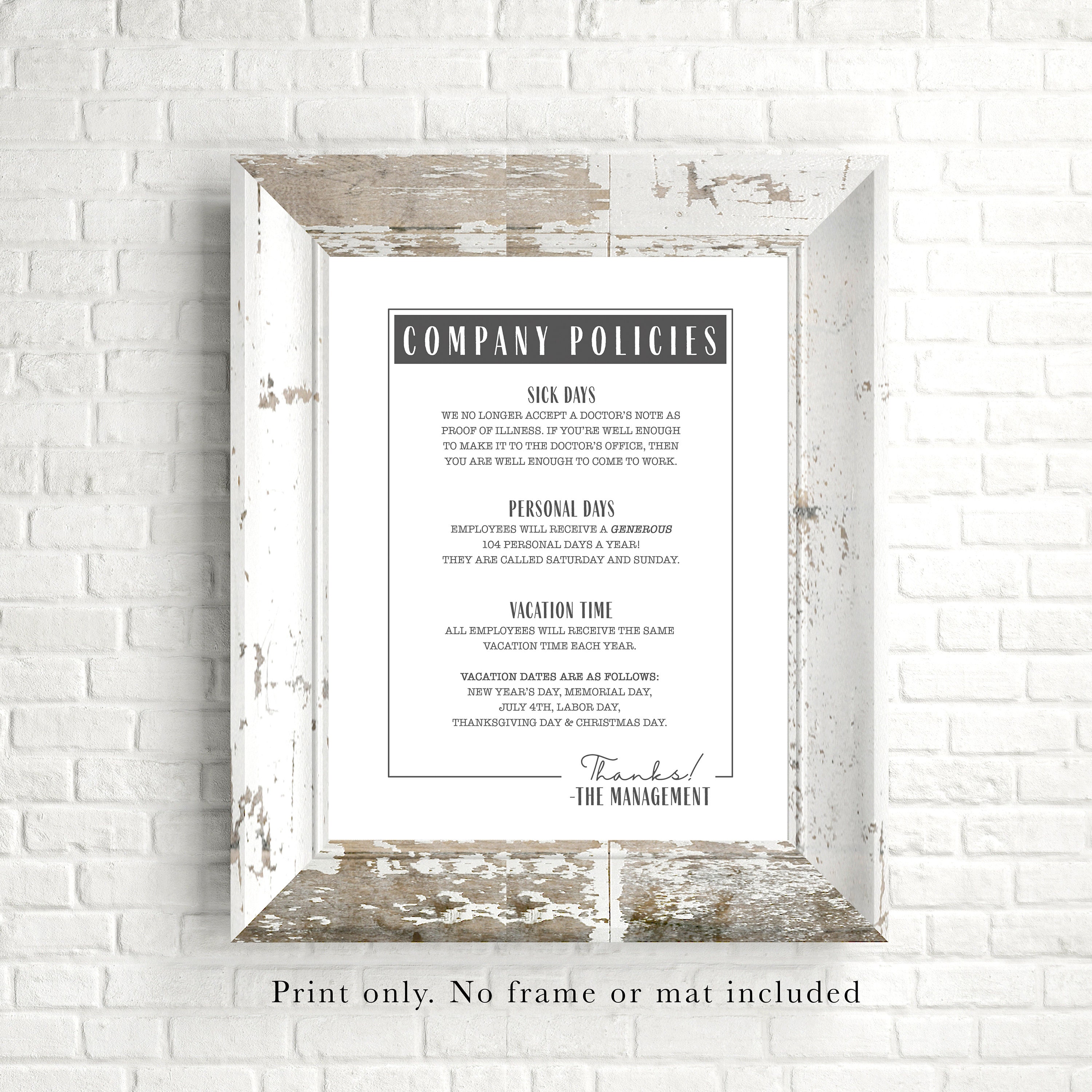 Company Policies - Hilarious Joke Office Sign - Unframed 11x14 Art ...