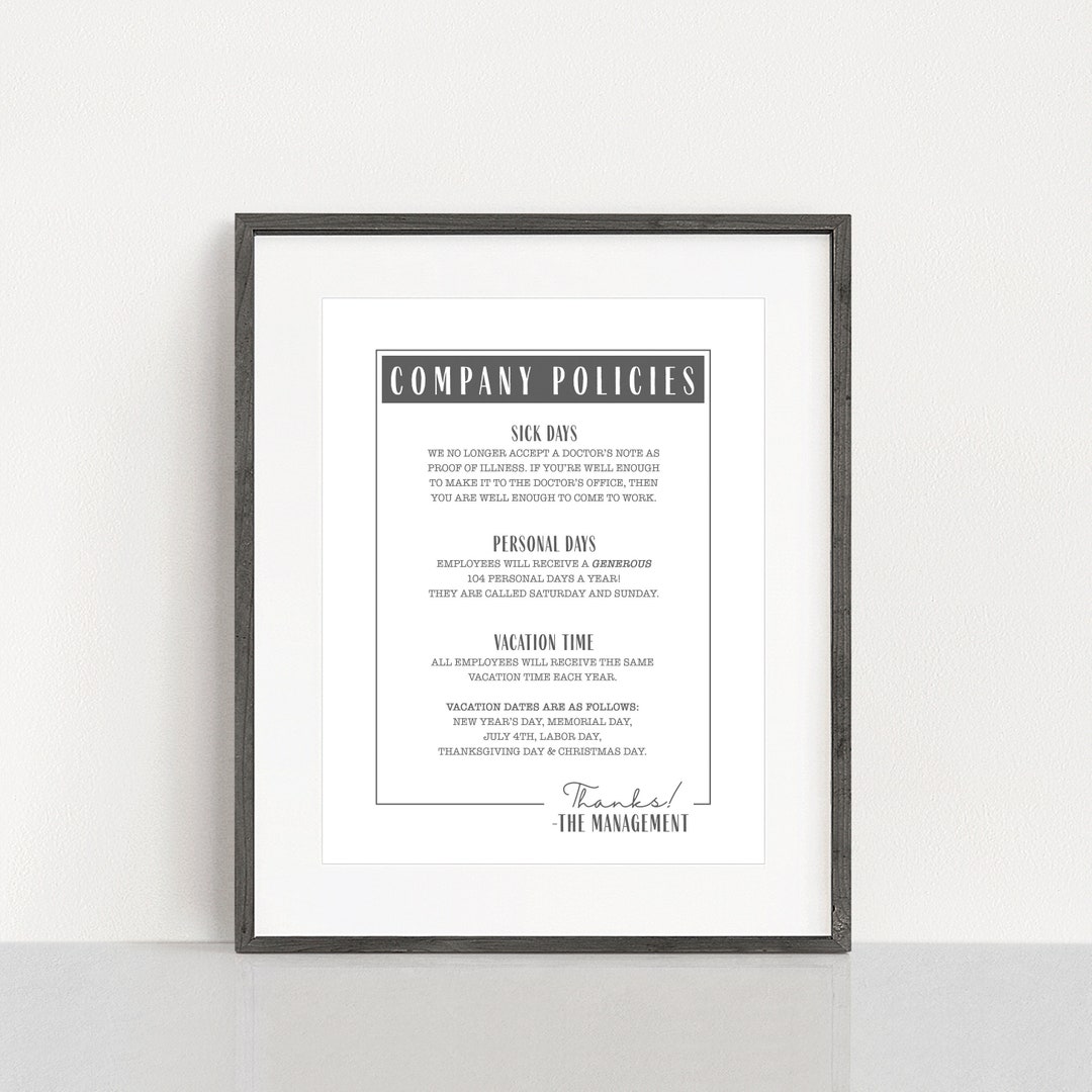 Company Policies - Hilarious Joke Office Sign - Unframed 11x14 Art ...