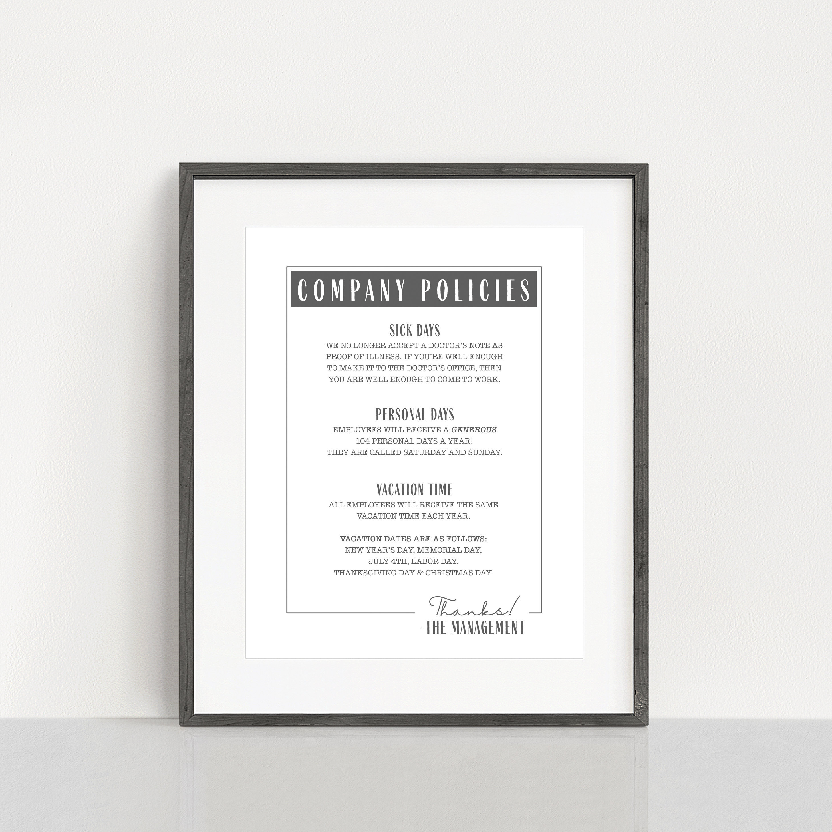 Company Policies - Hilarious Joke Office Sign - Unframed 11x14 Art ...